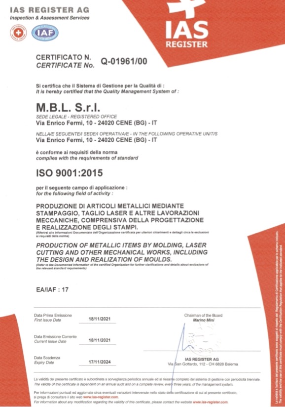 QUALITA CERTIFICAZIONI - MBL Stampi